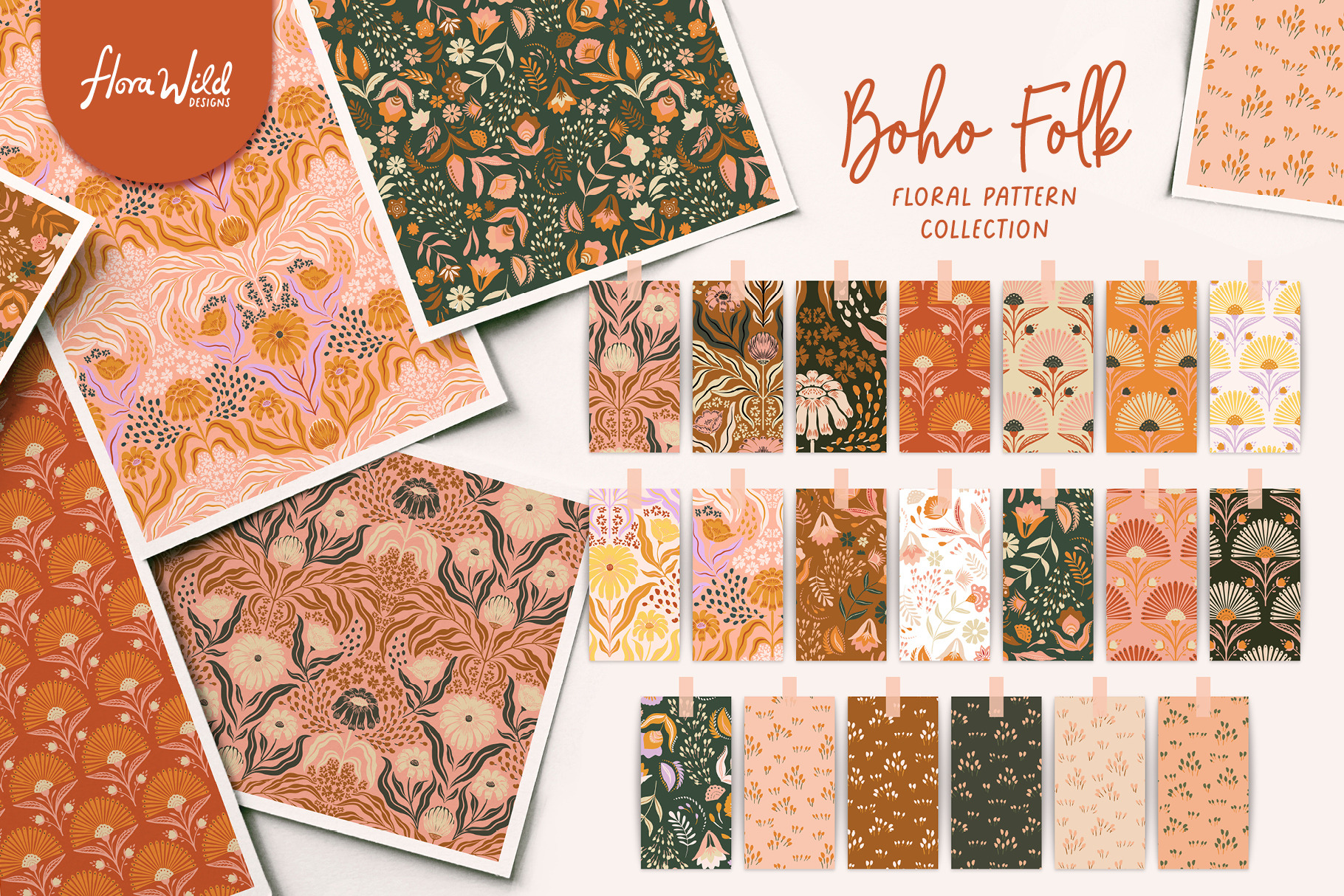 Boho Folk Floral Patterns, a Pattern Graphic by Flora Wild Designs