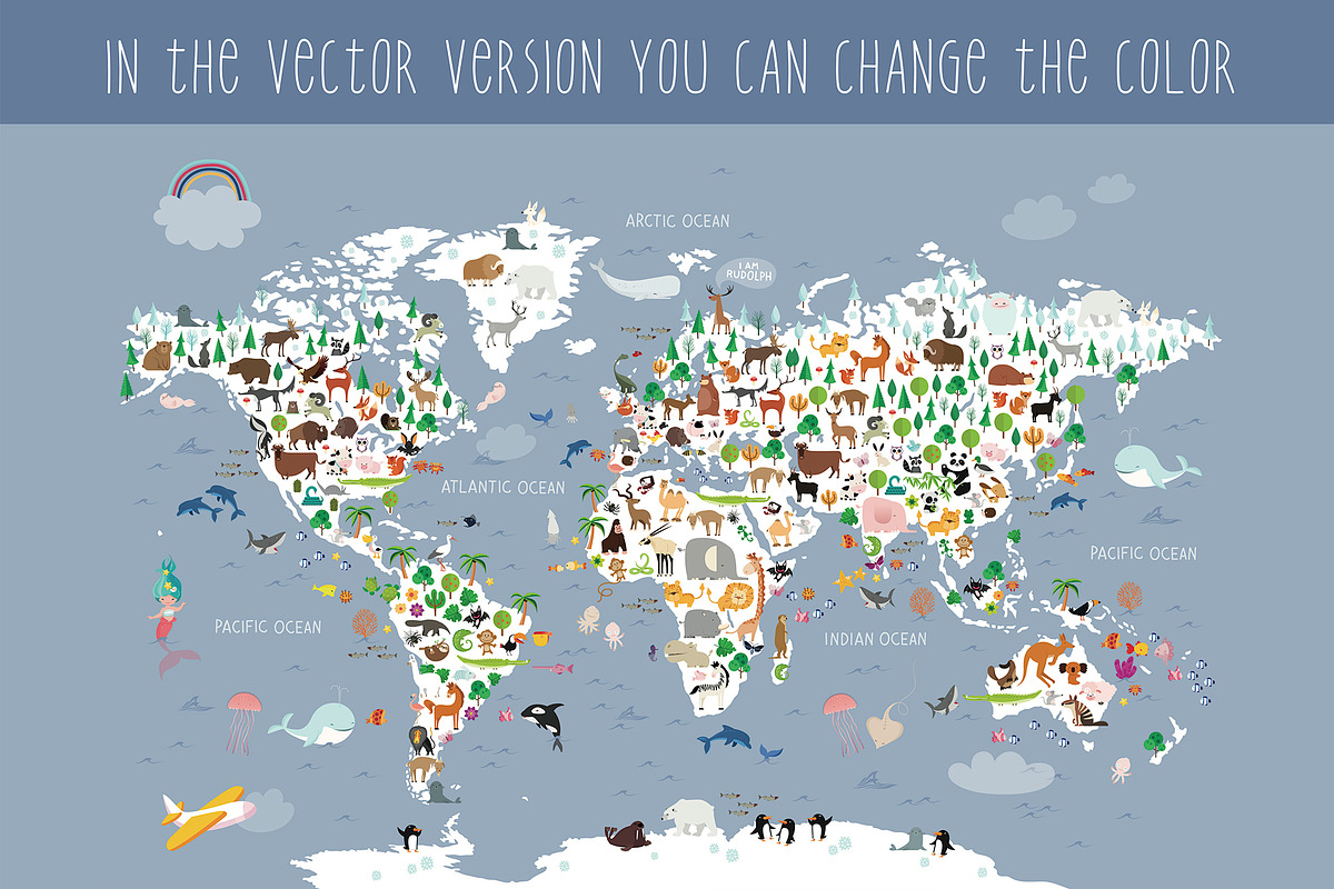 Cute Animals Vector World Map, an Animal Illustration by Pingebat