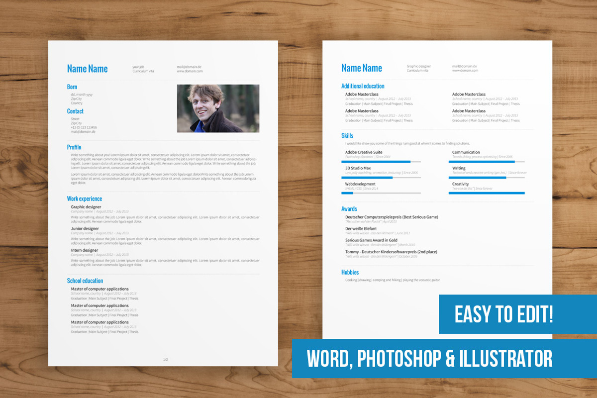 2 Page CV Template easy to edit, a Resume Template by Designed in Berlin