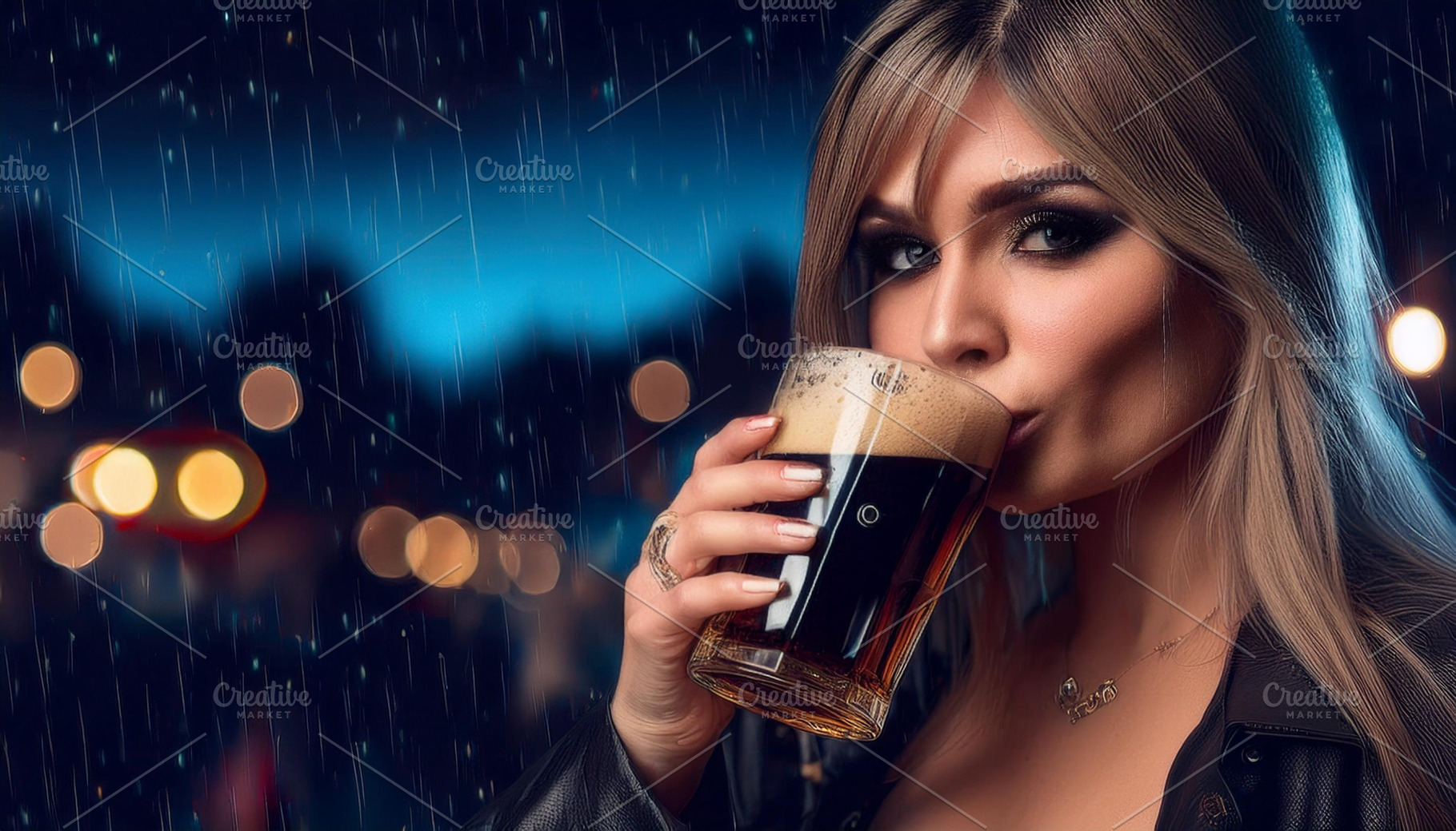 beautiful young goth woman drinking dark beer in the rain, AI ge, a ...