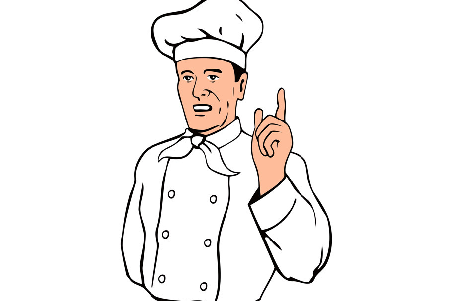 Chef Pointing Finger Up Retro, a Food Illustration by patrimonio