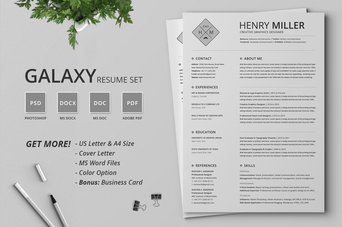 Resume/CV Set - Galaxy, a Resume Template by Typography Prime