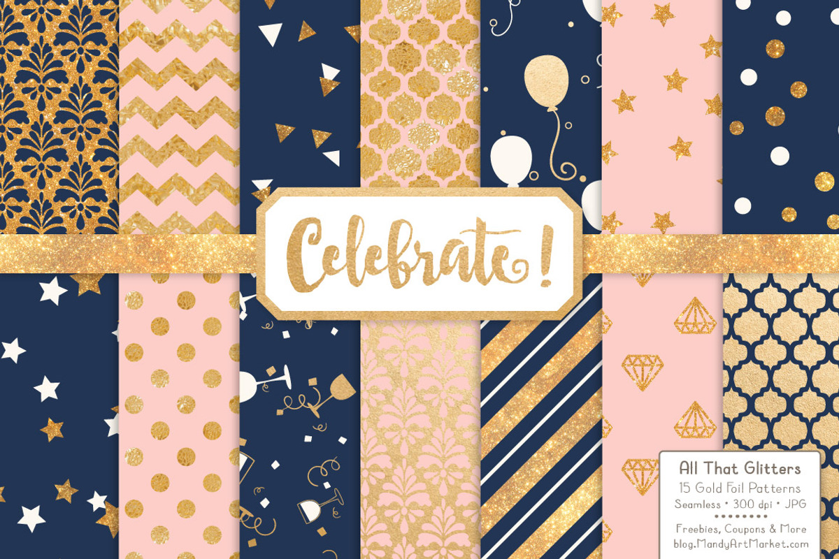 Navy & Blush Gold Foil Digital Paper, a Pattern Graphic by Amanda Ilkov