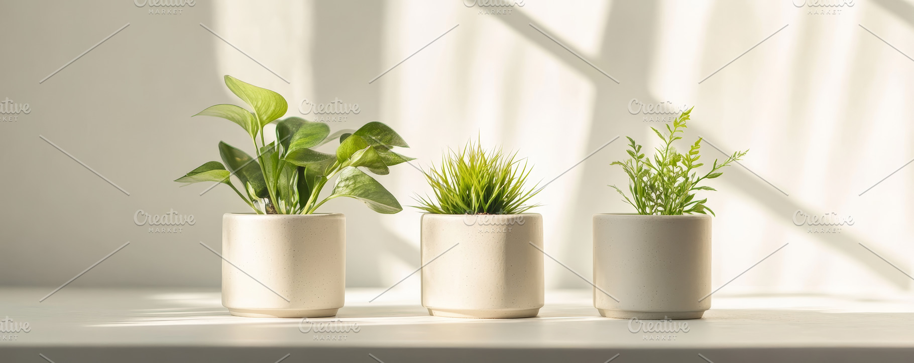 Minimalist Ceramic Pots with Green Sprouts on White Background, an ...