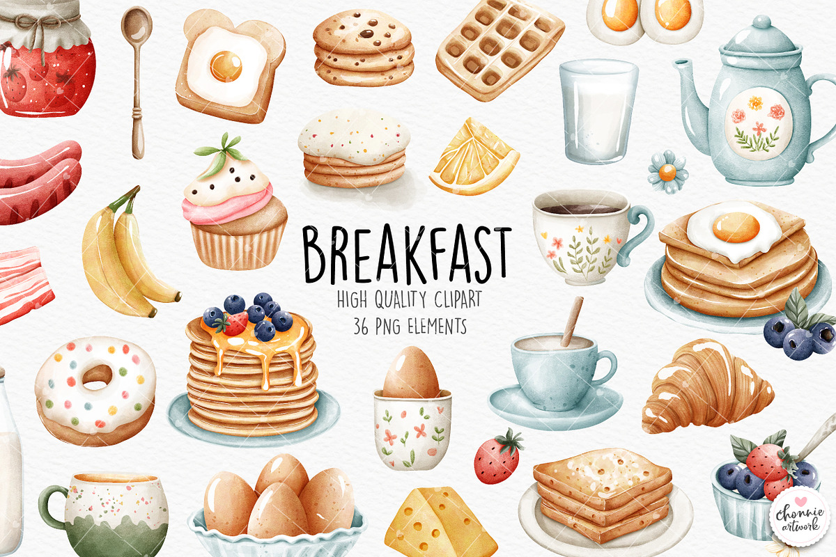 Watercolor breakfast clipart, a Food Illustration by Chonnieartwork
