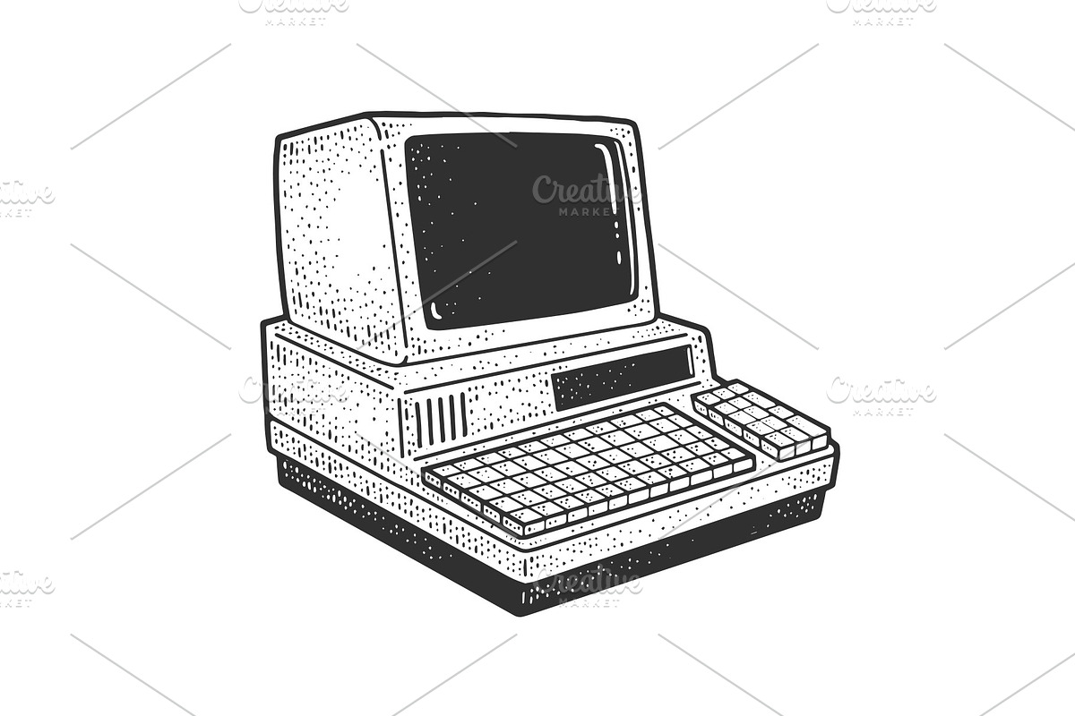 vintage computer sketch vector, an Object Illustration by AlexArt
