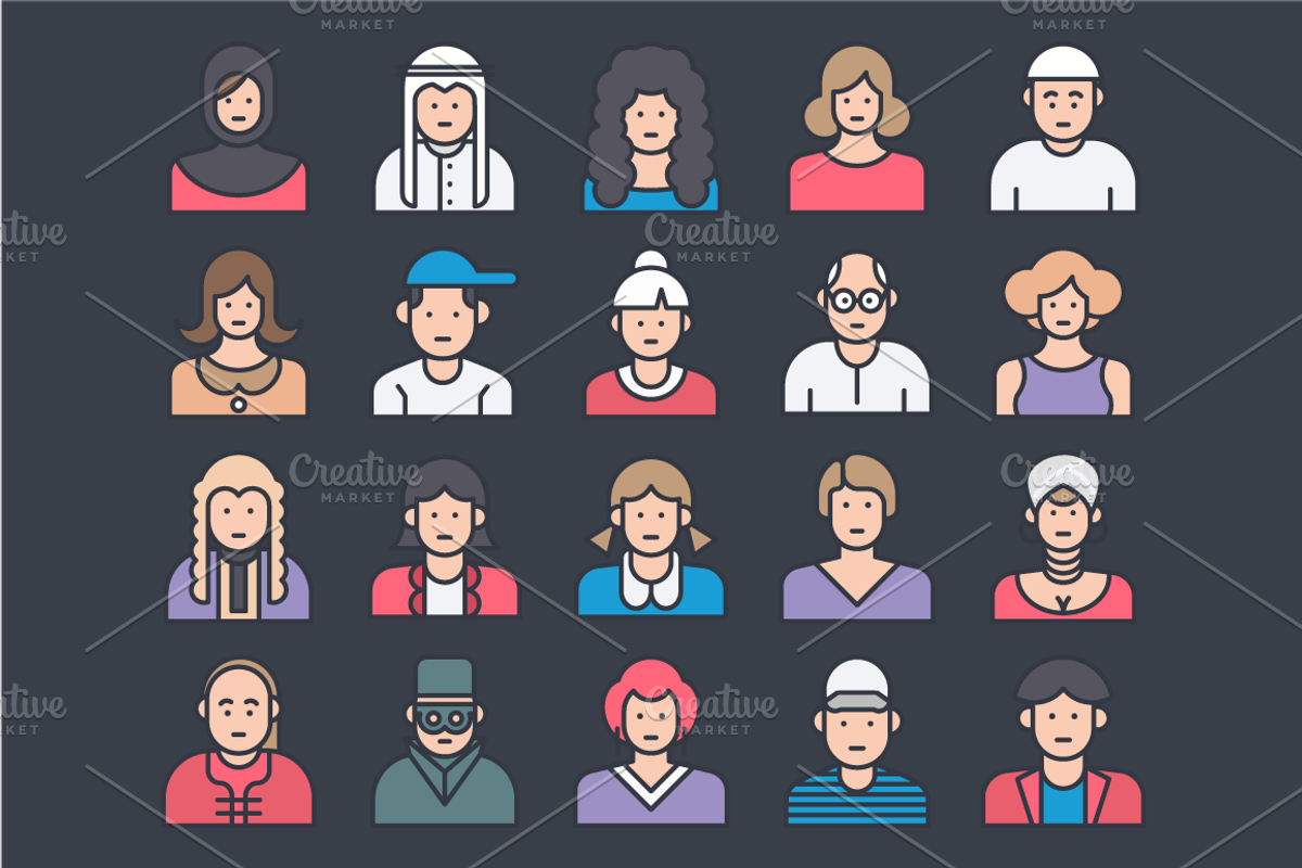 100 Avatar Colored Line Vector Icons, an Outline Icon by Prosymbols