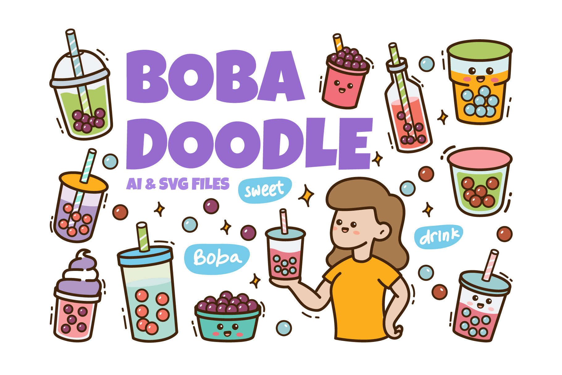 Boba doodle illustration, a Food Illustration by yellowline