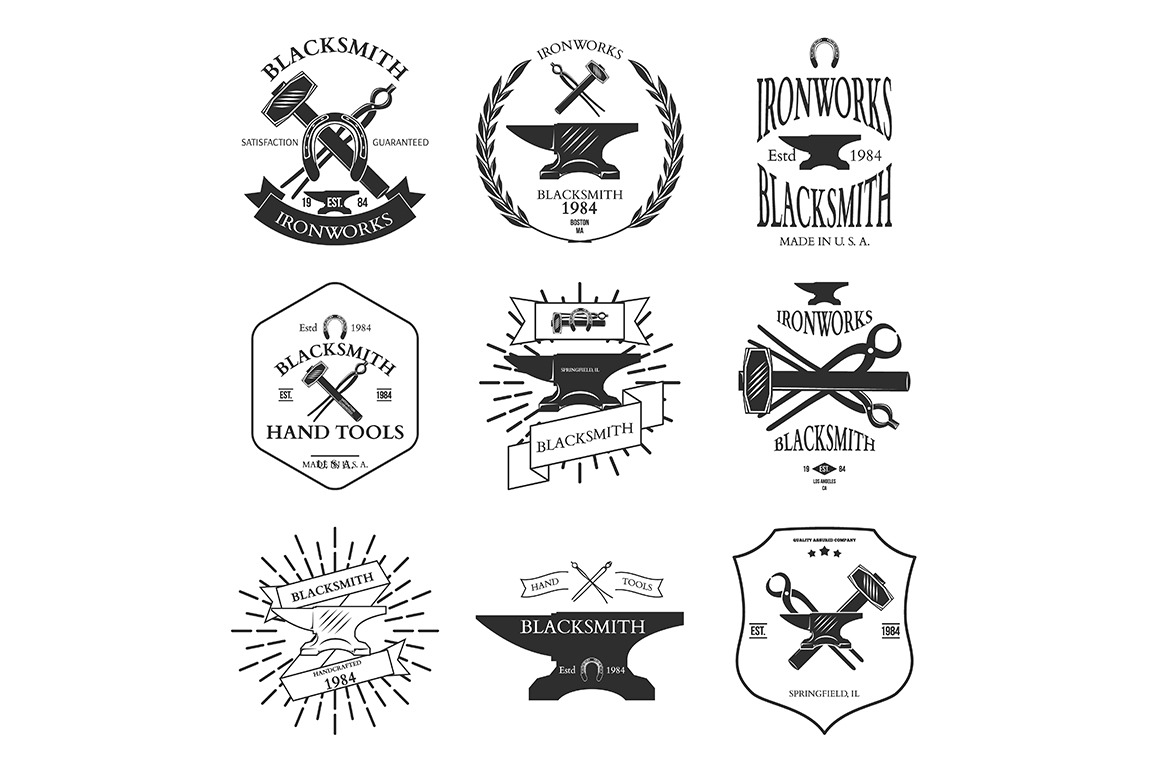 Set of vintage blacksmith labels, a Work Illustration by idimair
