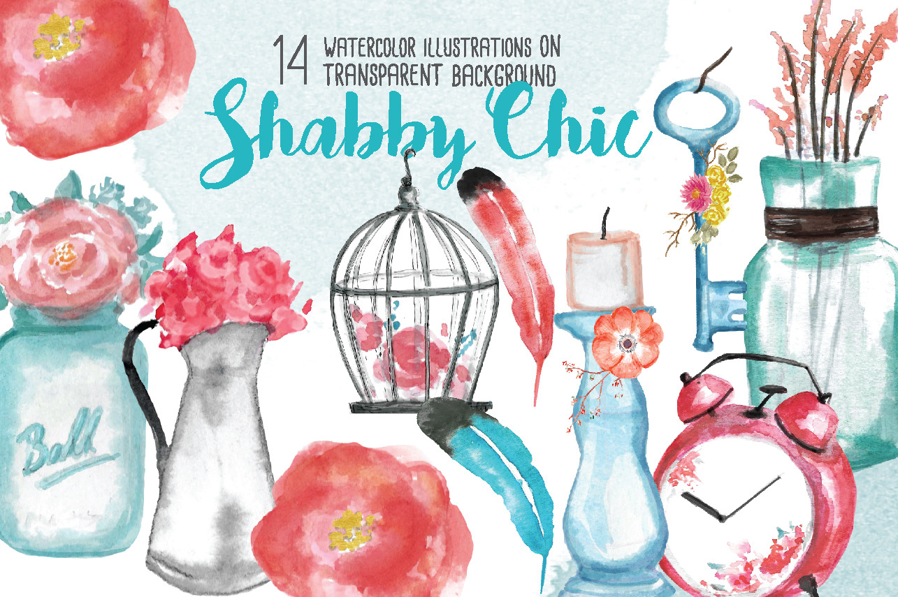 Shabby Chic watercolor illustrations, an Illustration by Winged Graphics