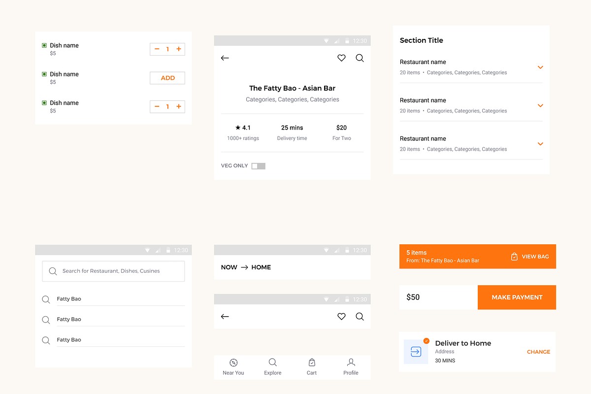 Food Delivery App Wireframe Kit, an UI Kit Template by PixelUX