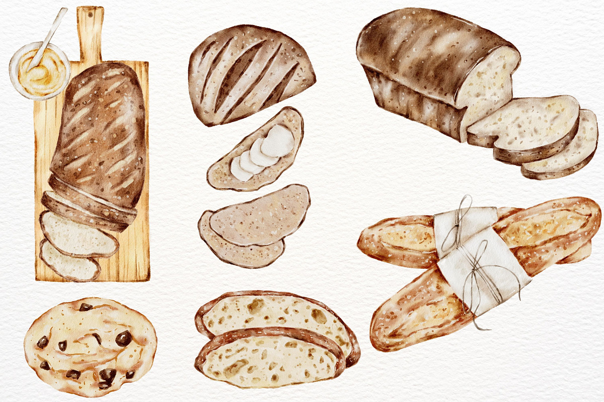 Watercolor Bread Clipart, a Food Illustration by ArtbyHien | Creative ...