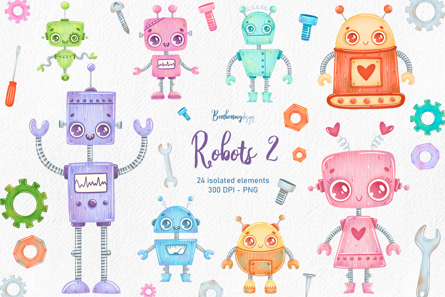 Cute Robots Clipart, an Illustration by BonbonnyDesigns