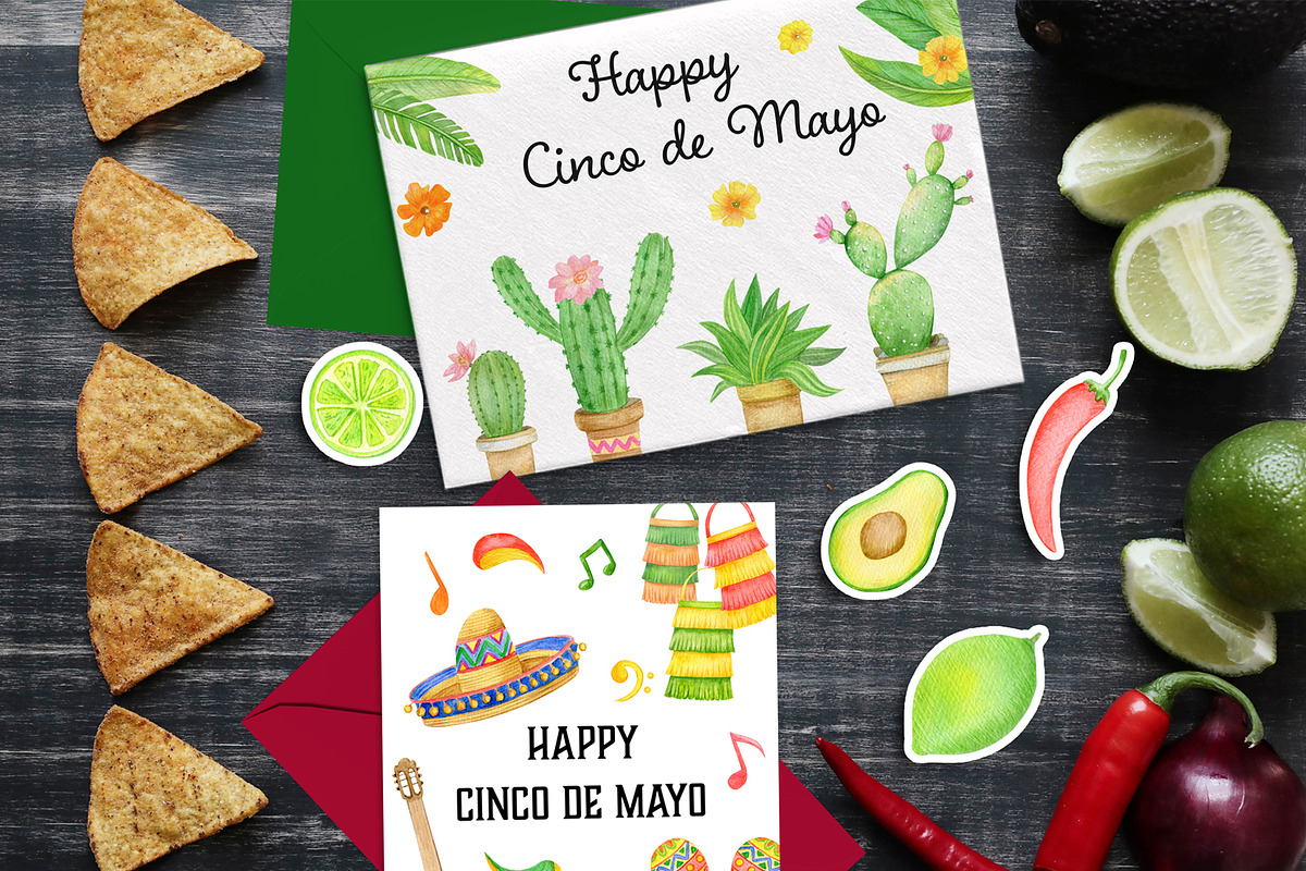 Watercolor cinco de mayo clipart set.