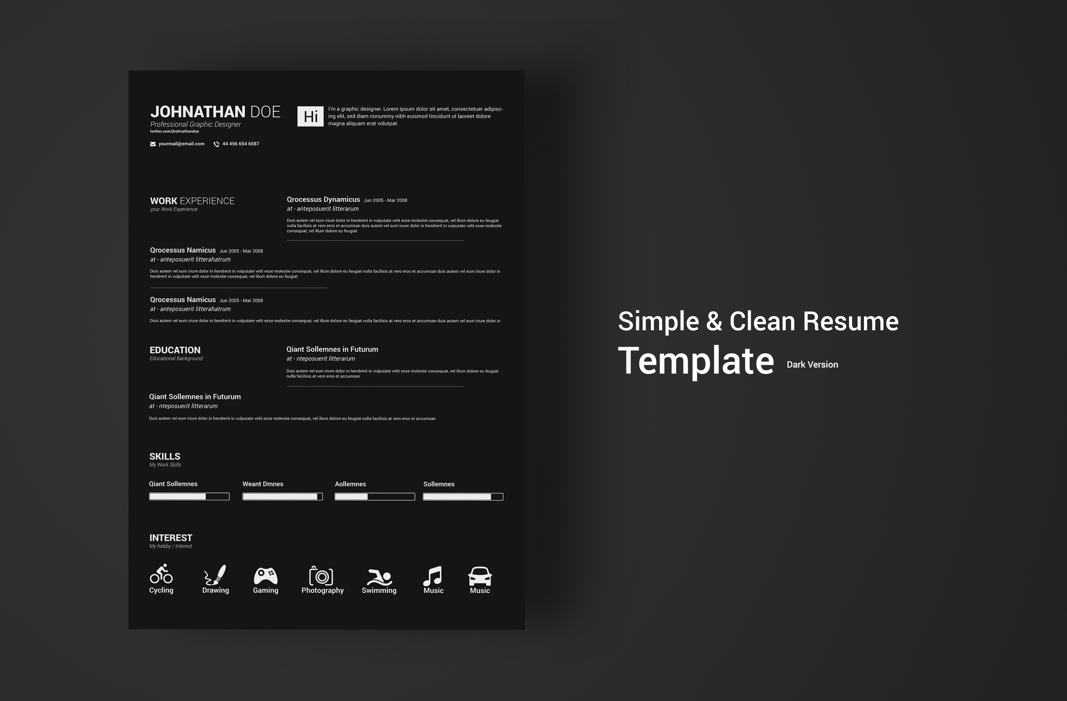 Simple & Clean Resume - Dark Version, a Resume Template by Creative Shop