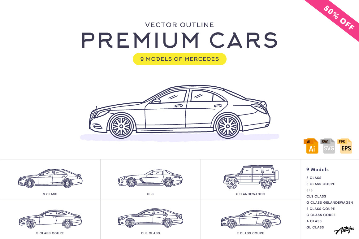 Premium Cars – Mercedes (Vector), an Illustration by Artzgeo