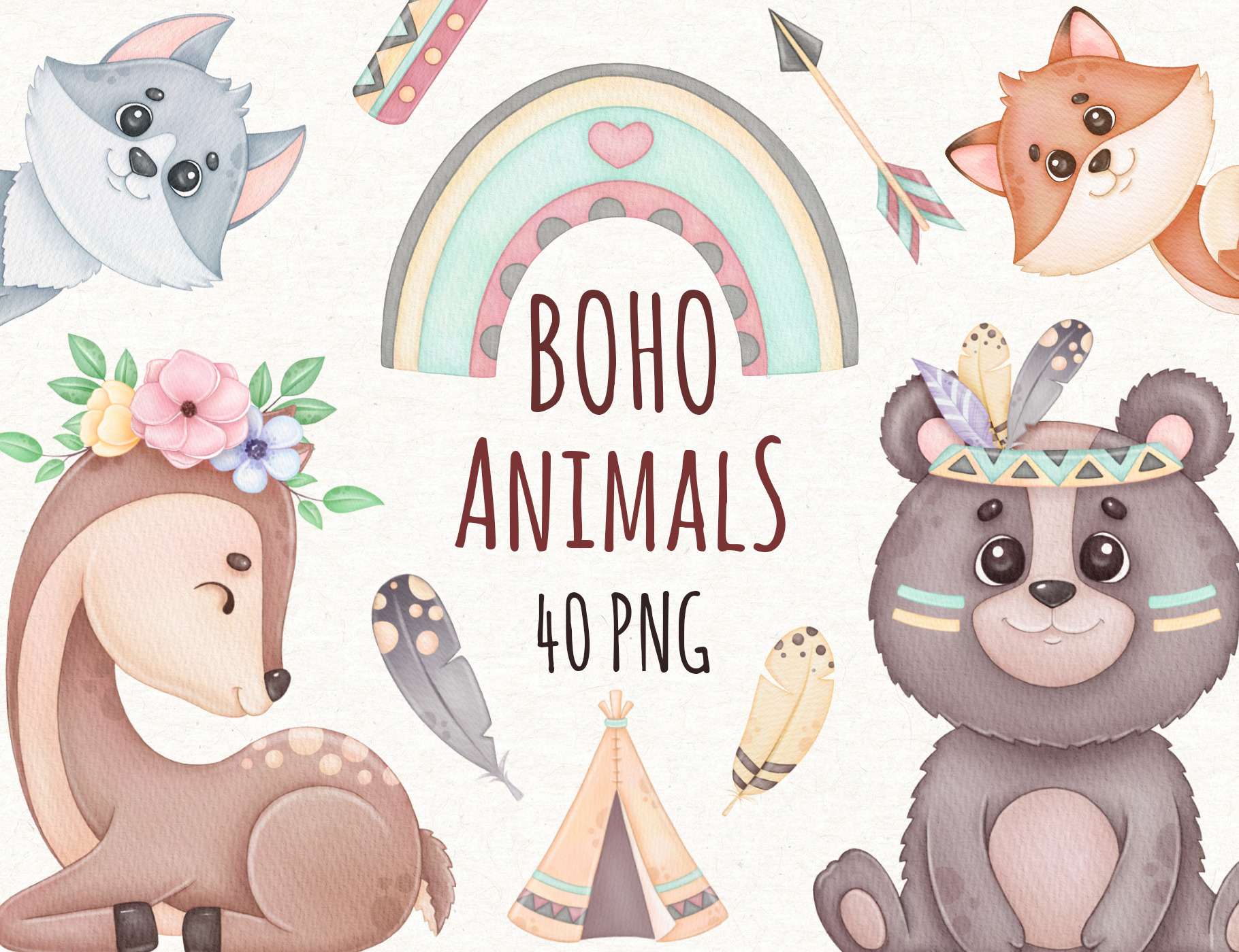 Watercolor Boho Animals Clipart, an Animal Illustration by ekossa_art