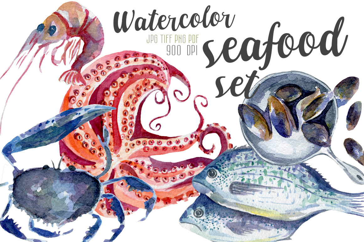 Watercolor seafood set, a Food Illustration by My watercolor shop