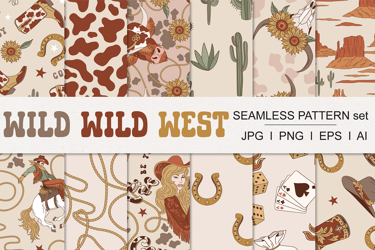 Retro Western Rodeo Cowboy patterns, a Pattern Graphic by @olga.angelloz