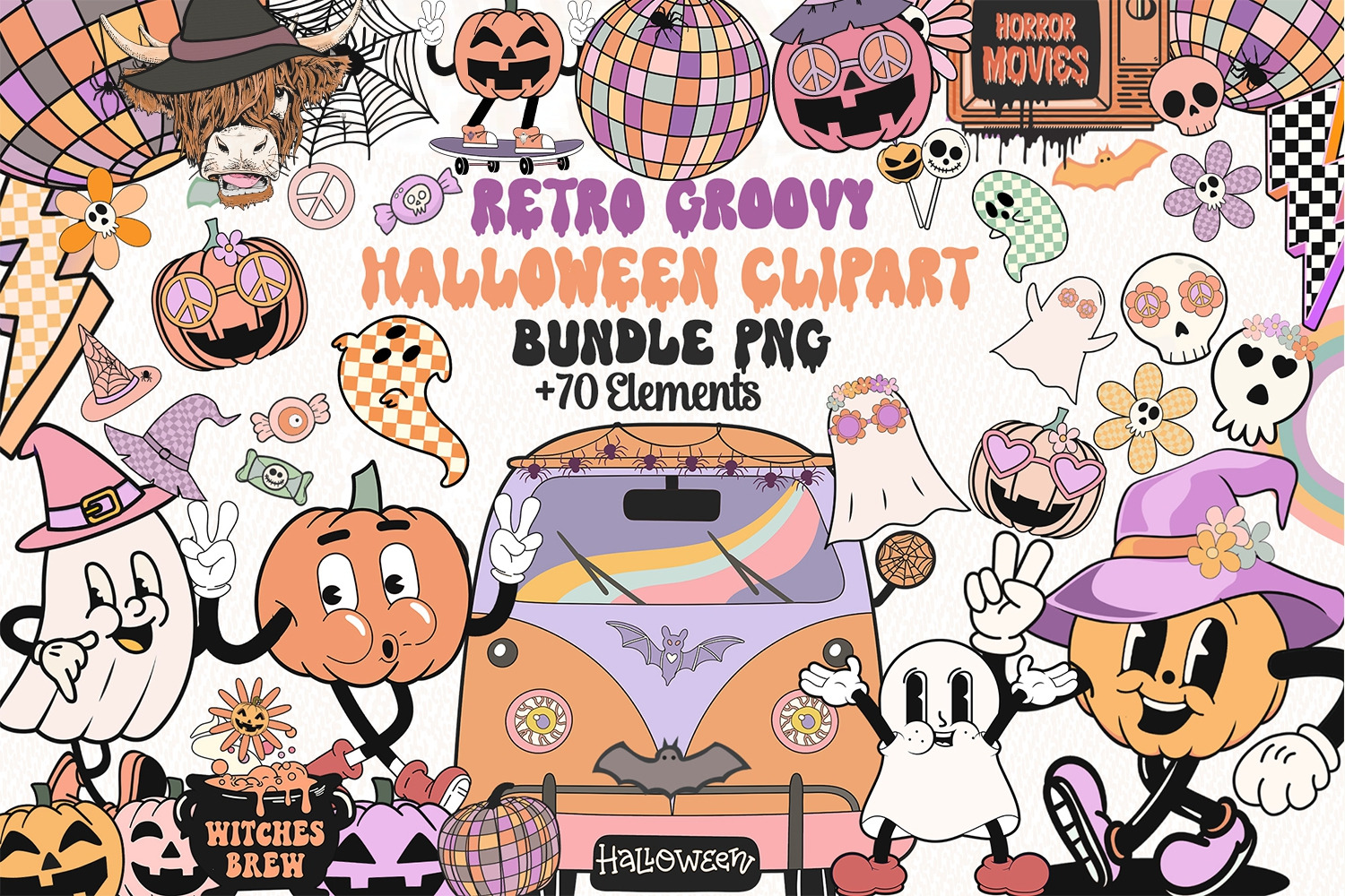 Retro Groovy Halloween Clipart Bundle | Creative Market