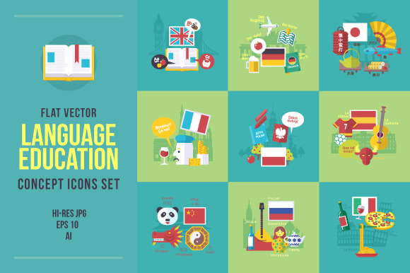 Flat foreign languages icons set, an Education Illustration by painterr