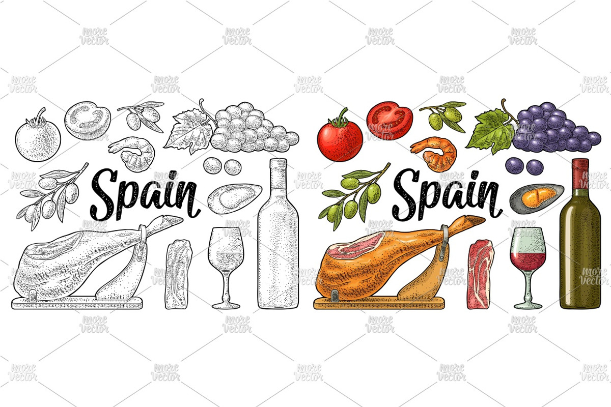 Spain food set engraving, a Food Illustration by MoreVector