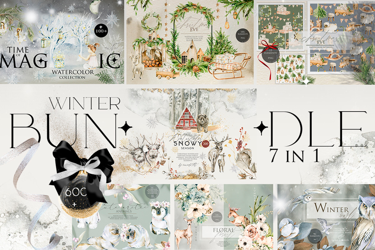 Winter christmas bundle Watercolor, a Seasonal Illustration by 60secondsArt