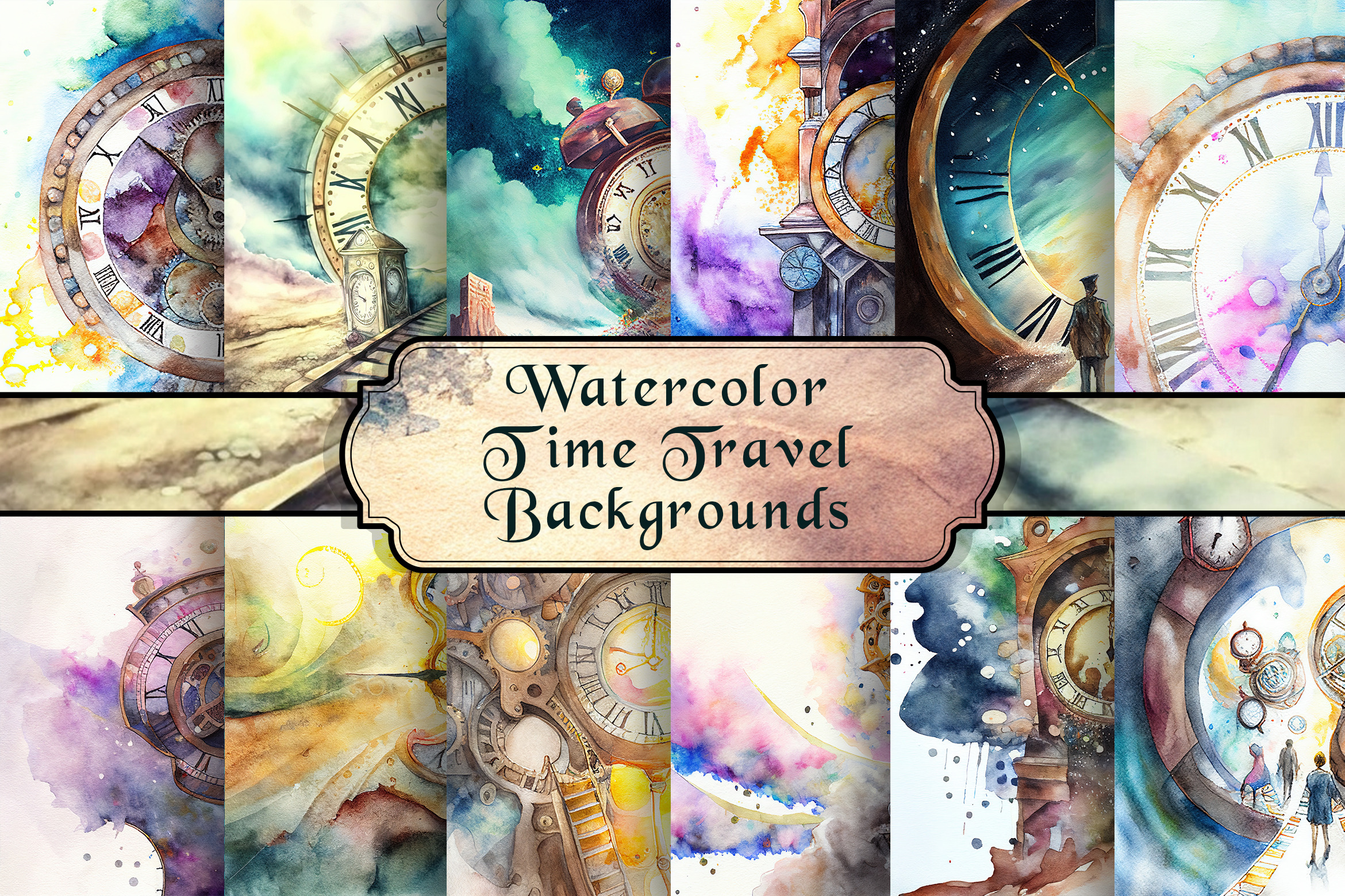 Watercolor Time Travel Backgrounds, a Background Graphic by Curve Design