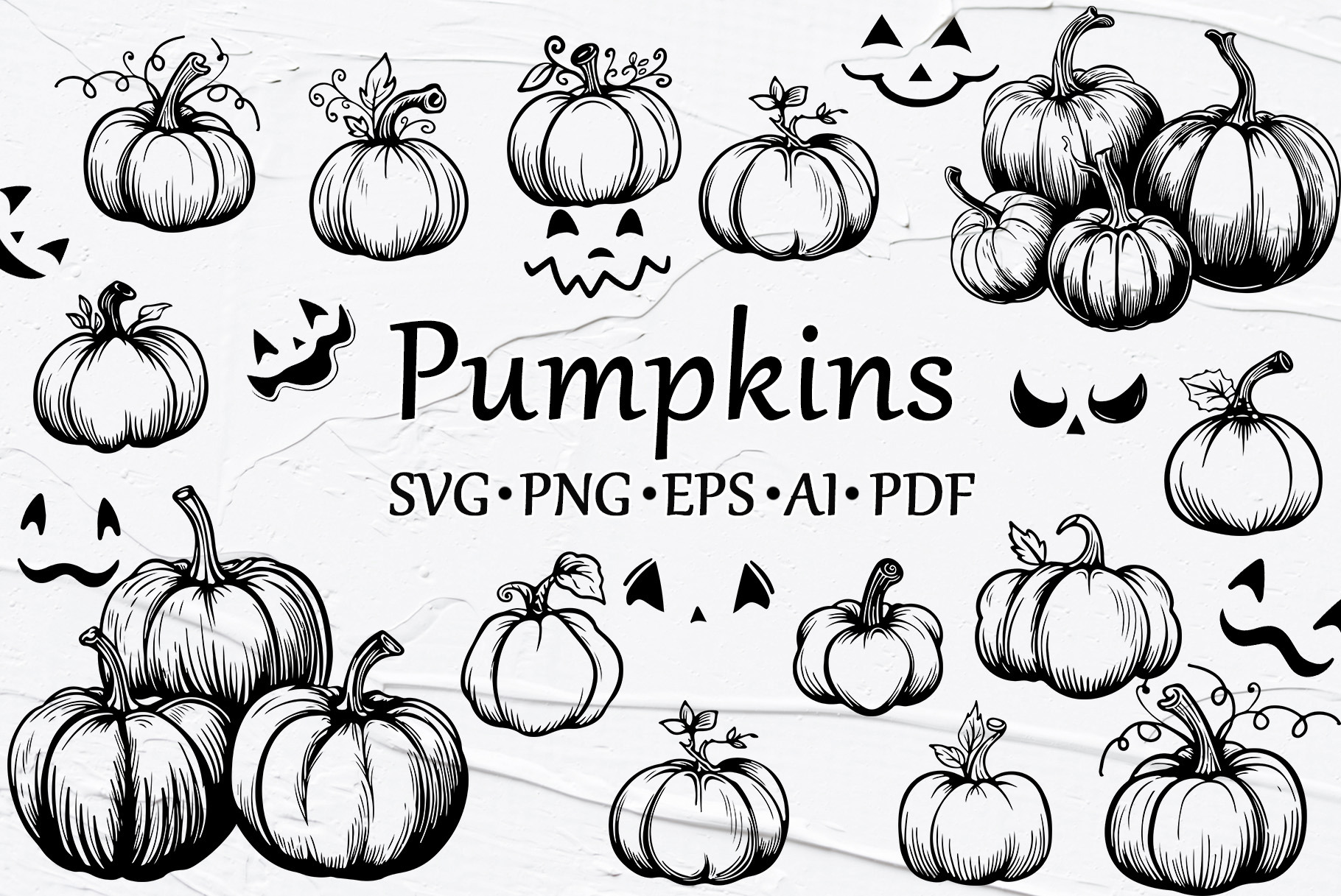 Pumpkins and Faces Fall Clipart, an Outline Icon by BarvArt