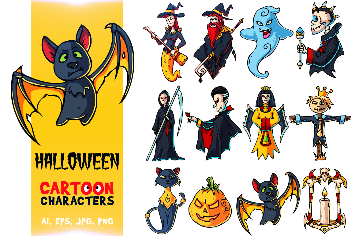 Halloween Cartoon Characters Set, an Illustration by pixaroma