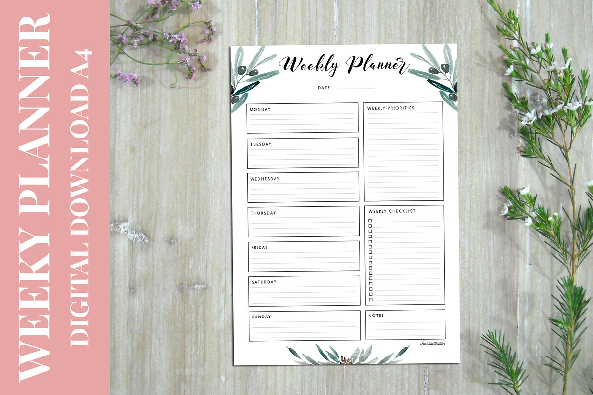 Weekly Planner PRINTABLE A4, a Stationery Template by Anis Illustration