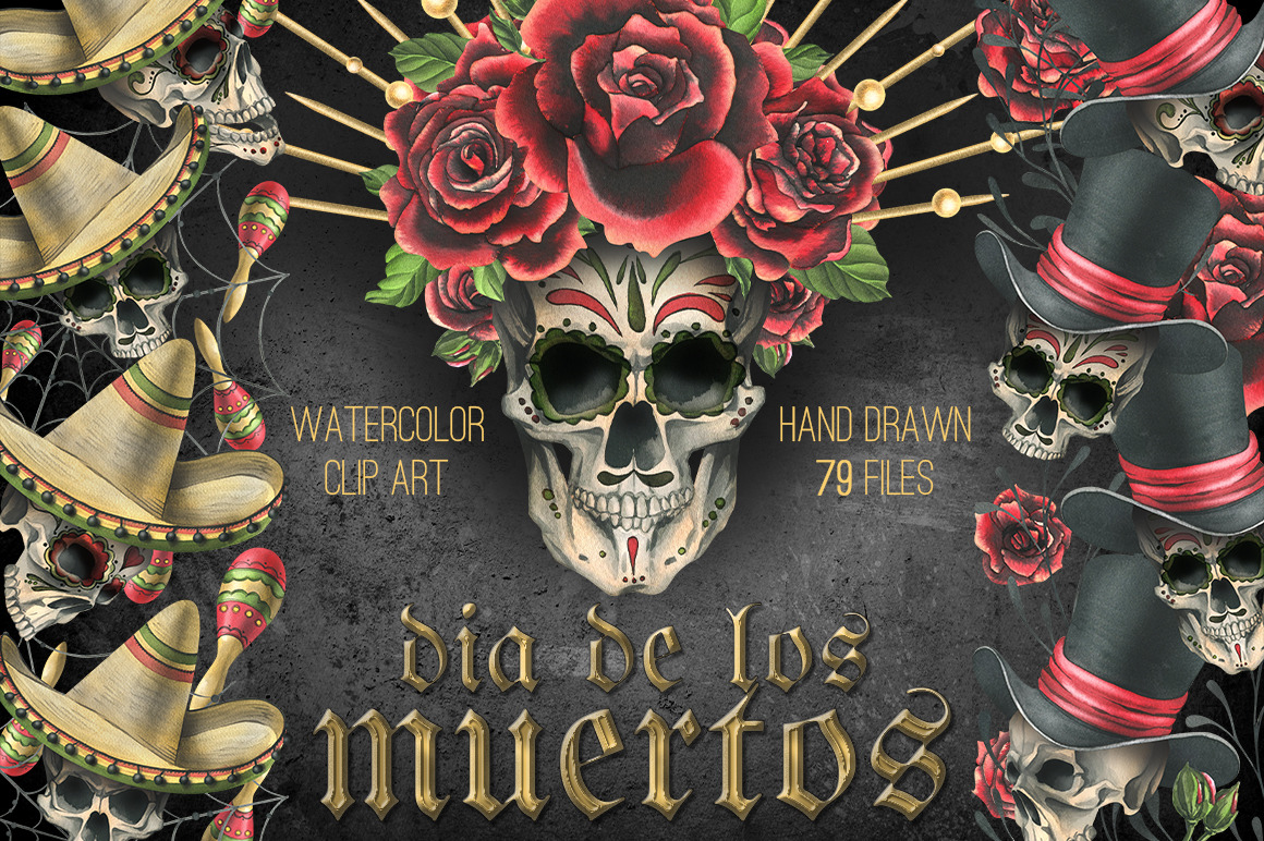 Día de Muertos watercolor clip art, an Object Graphic by NATASHA CHU
