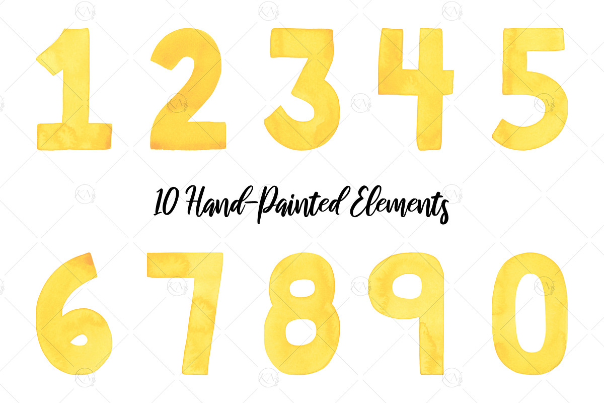 Yellow Watercolor Numbers Clipart | Creative Market