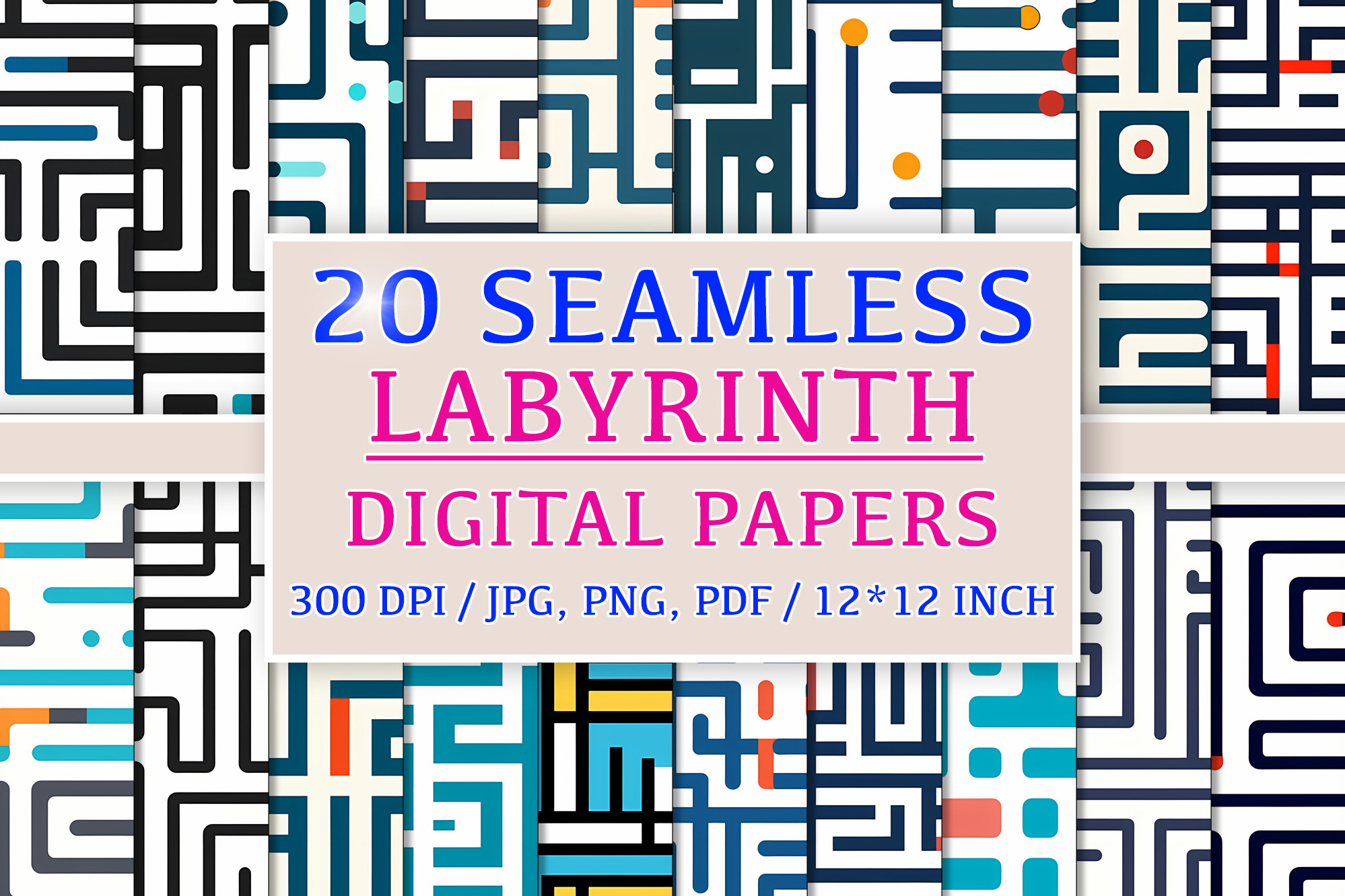 20 Seamless Labyrinth Maze Patterns, a Pattern Graphic by Nordic Design