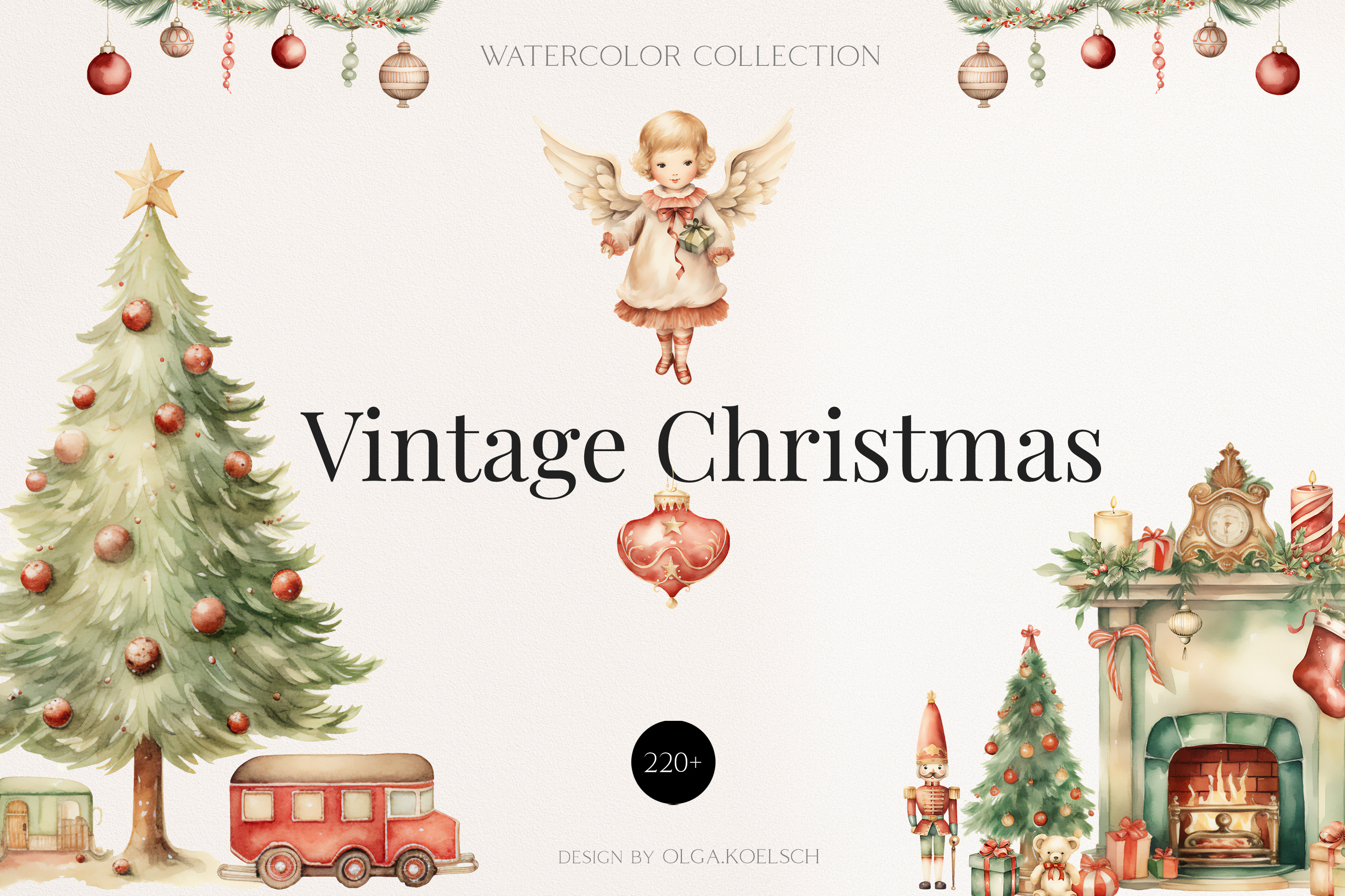 Watercolor retro Christmas png