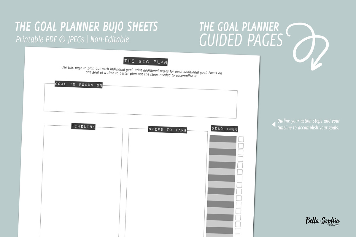 Goal Planner Bujo Printable, a Stationery Template by Bella+Sophia Creative