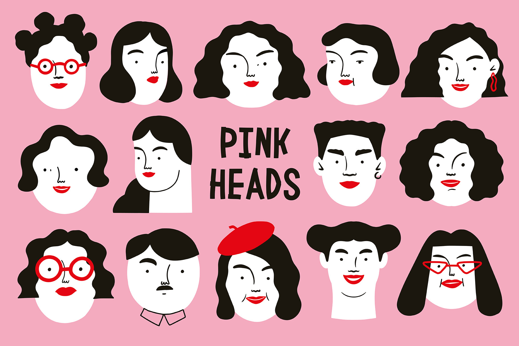 Pink Face Doodles Patterns and Clipart