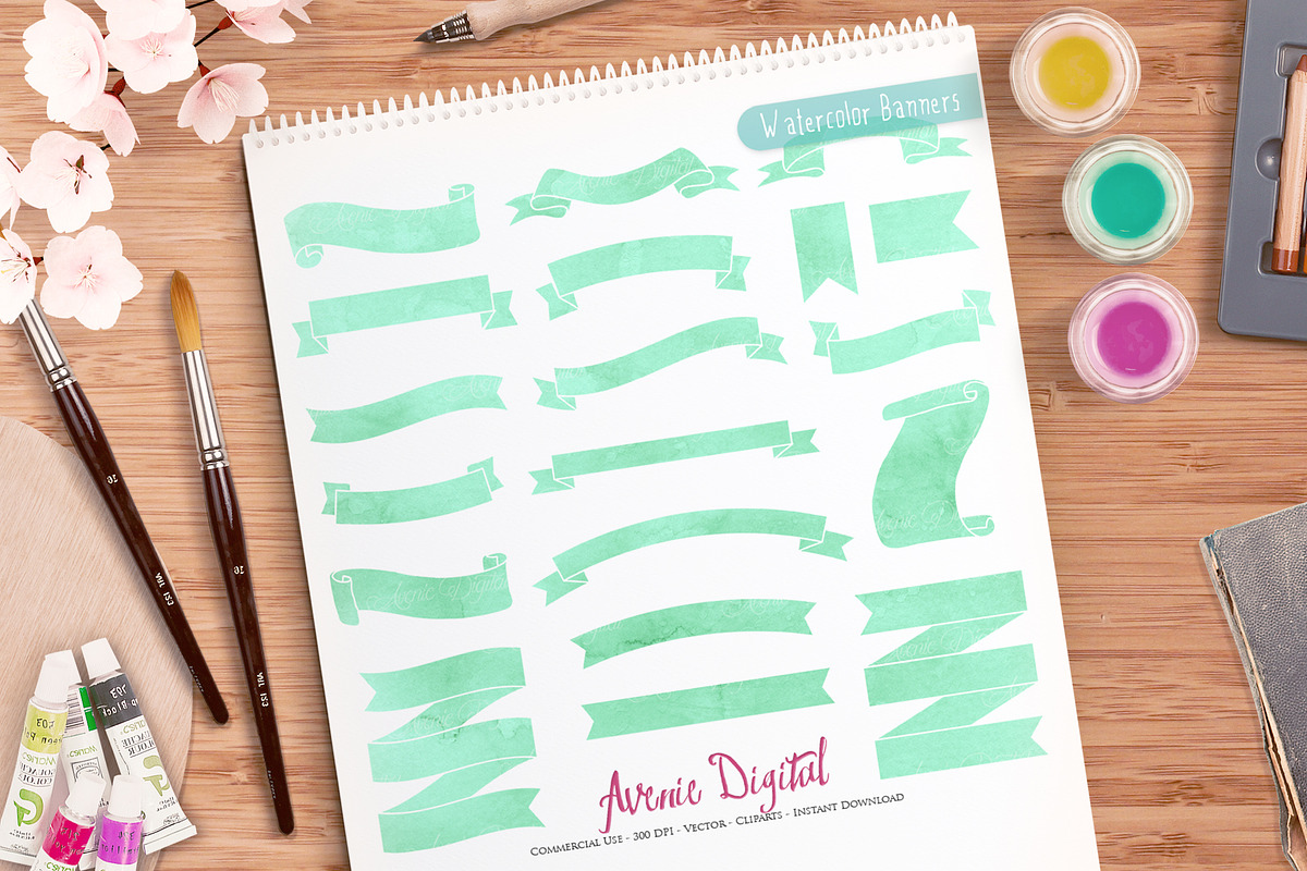 Mint Watercolor Ribbon Banners, an Object Graphic by Avenie Digital