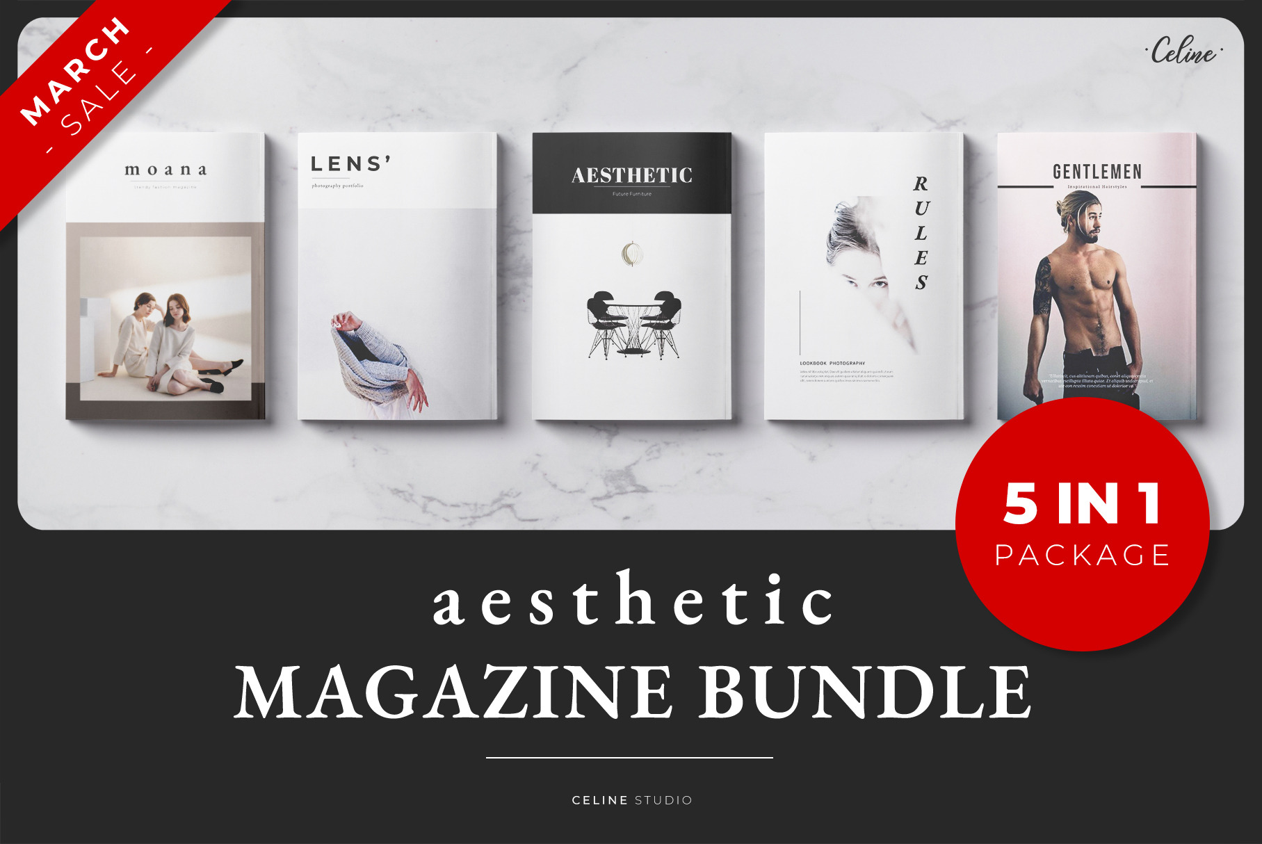 AESTHETIC Magazine Bundle (5 IN 1), a Magazine Template by Celine Studio