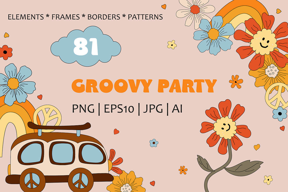 Groovy retro collection. Vector, an Object Graphic by VaraNa Art ...