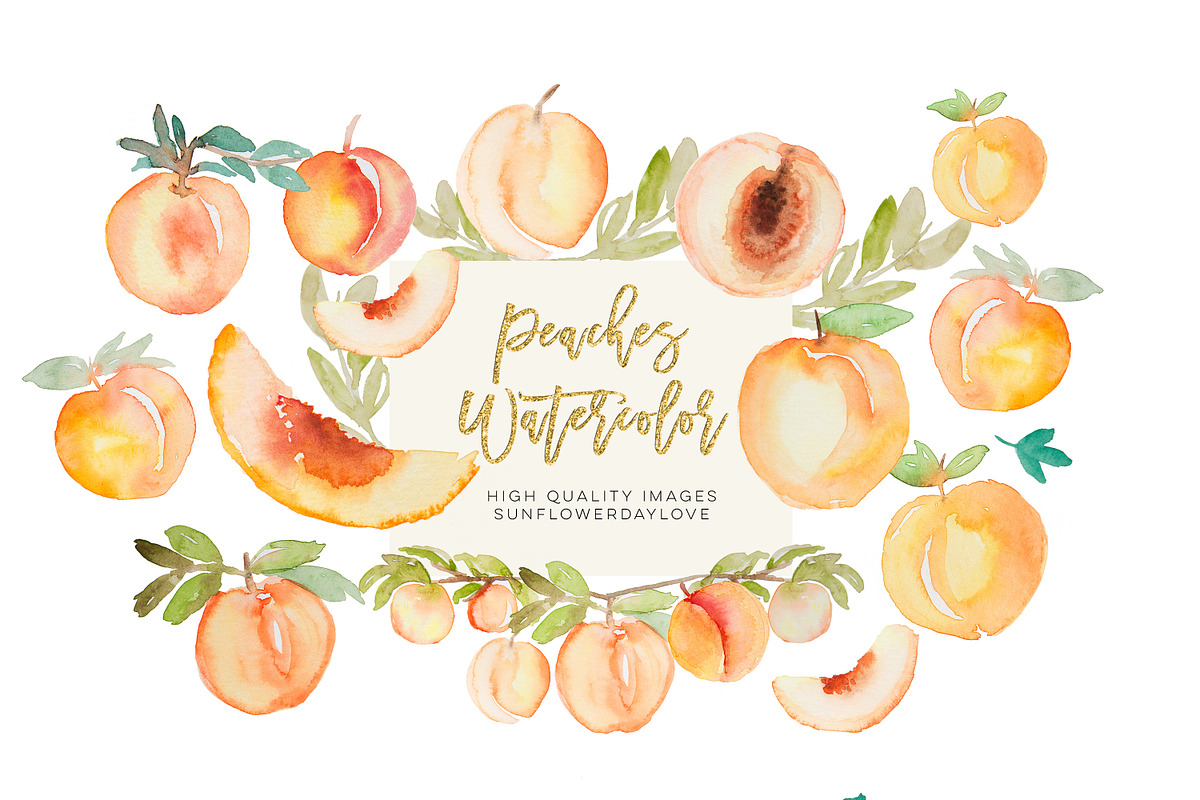 Greenery peaches watercolor clipart, an Illustration by Sunflower Day Love