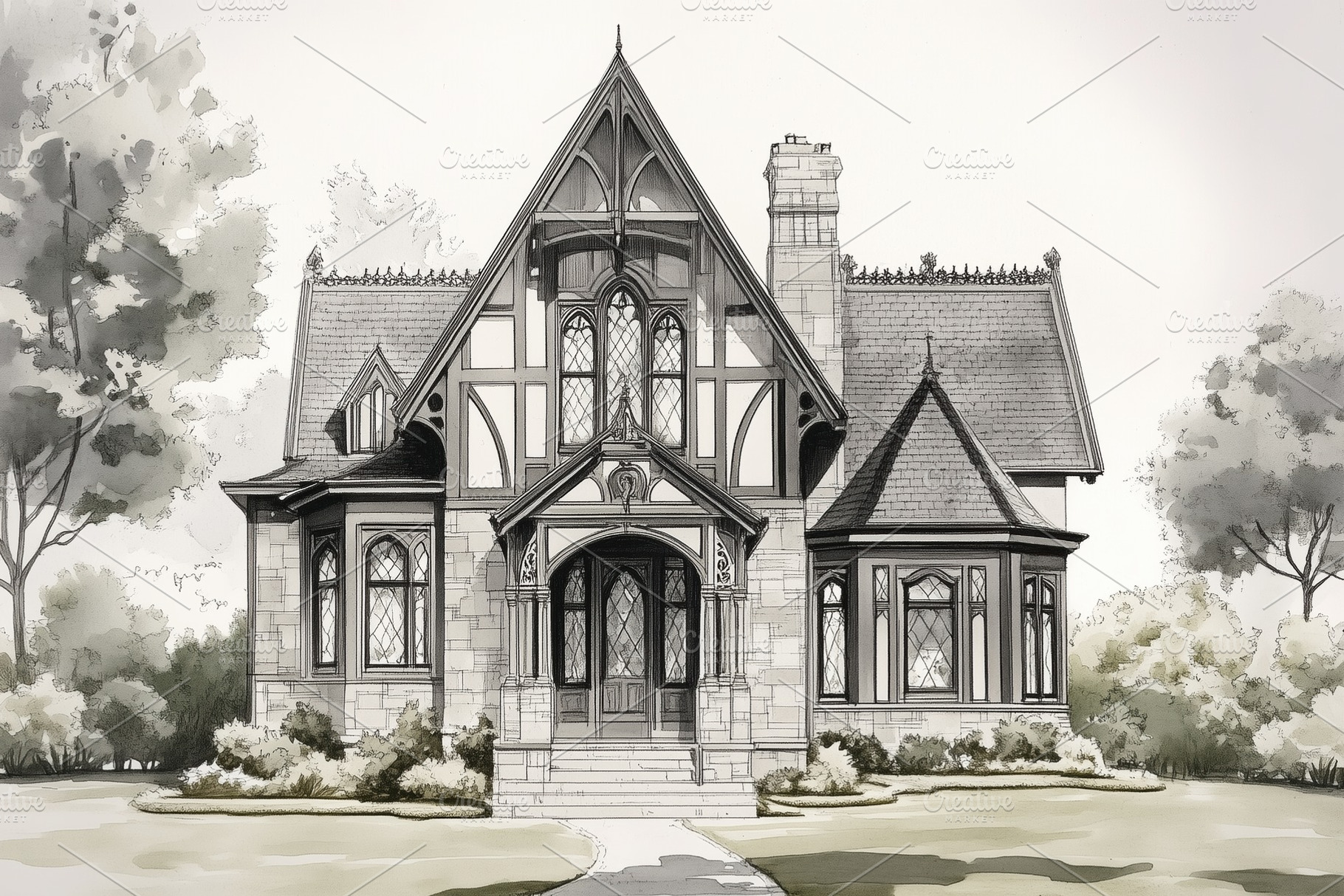 A beautifully detailed illustration of a Gothic Revival Victorian-style ...