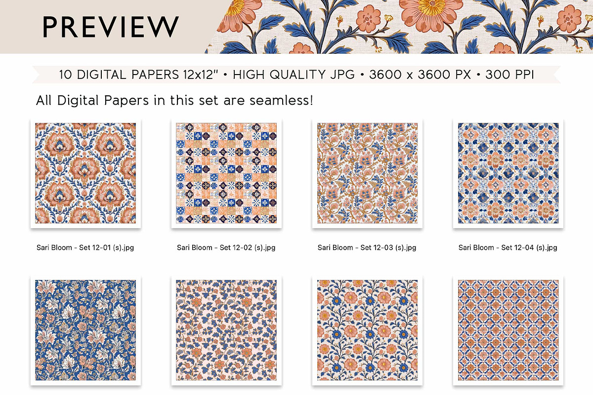 Traditional Floral Digital Paper Set, a Pattern Graphic by Maishop