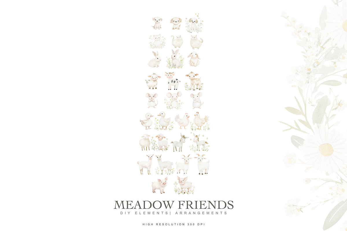 Watercolor Spring Farm Animal Set