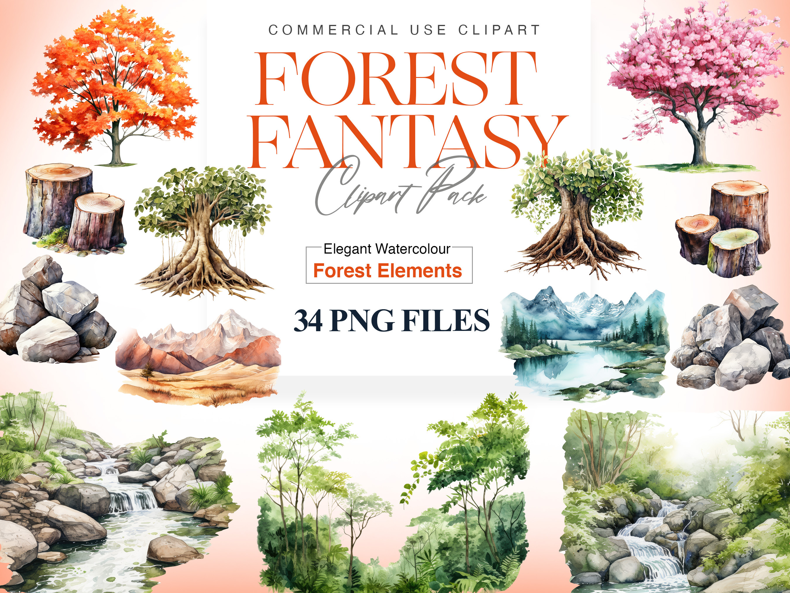 Watercolor Forest Clipart, Woodland