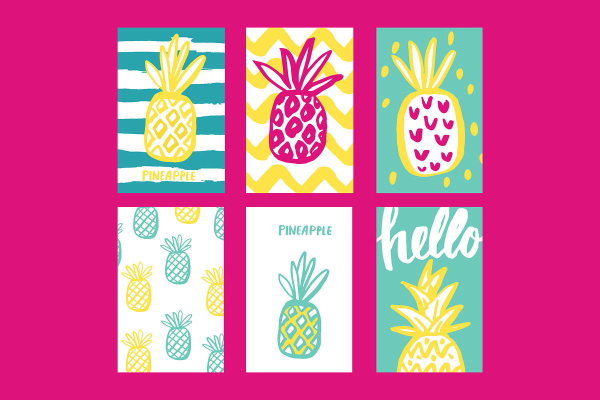 Pineapple poster, cards, patterns, a Decorative Illustration by Barkova ...