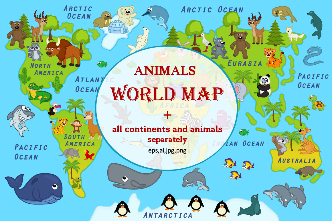 map world with animals vector, a Graphic by NataKa
