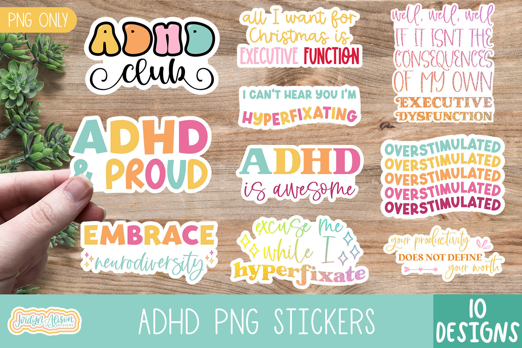 ADHD Sticker Bundle - 10 PNGs, a Graphic by Jordyn Alison Designs