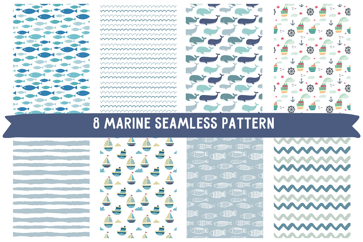 8 marine seamless pattern, a Pattern Graphic by Barkova Nadya