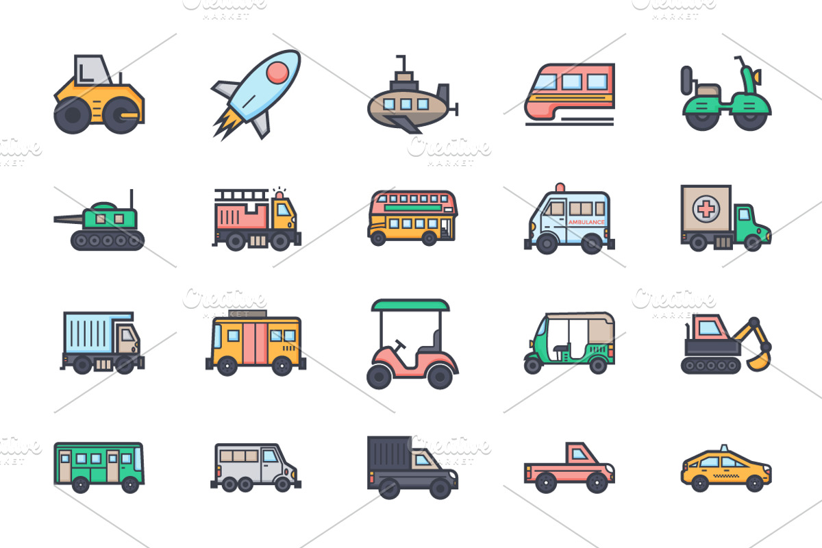 100+ Flat Transport Icons Set, an Icon by Creative Stall